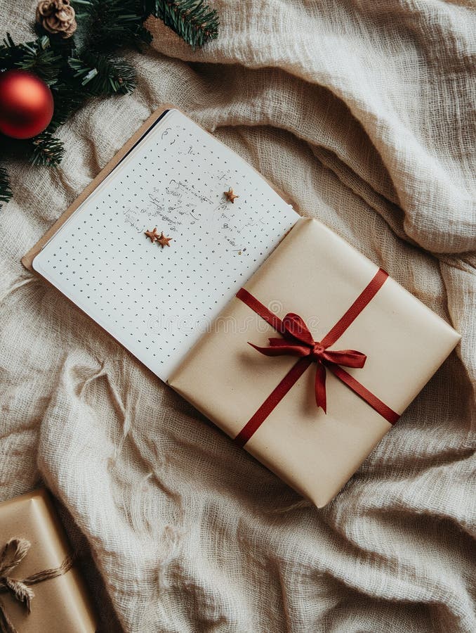 An Open Notebook with a Wrapped Gift on a Cozy Blanket, Perfect for ...