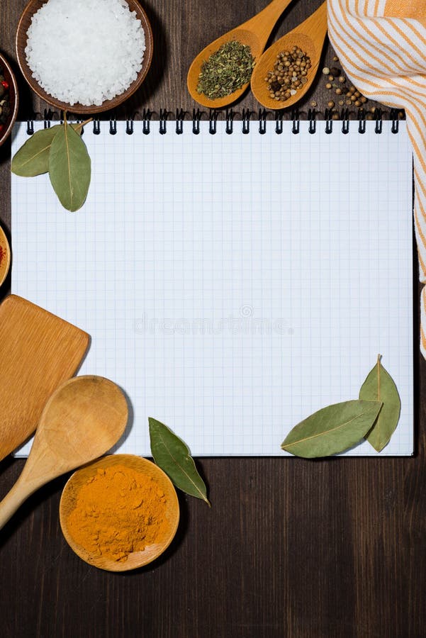 Open Notebook for Writing Recipes, Kitchen Spoons and Spices Wooden ...