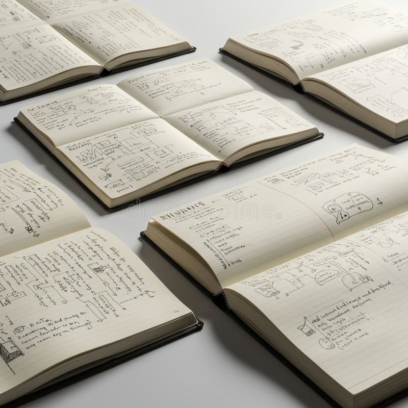 Open Notebooks are Scattered on a Surface, Each Filled with Handwritten ...