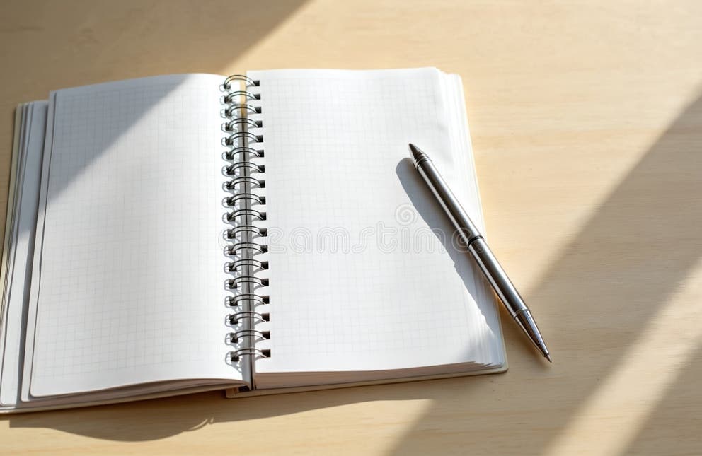 Open Notepad with Blank Pages with Grid, Lying on Wood Table in Sun Light. Pen Rests beside ...