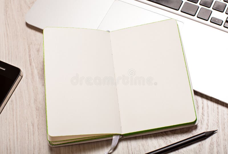 Open Notepad with Blank Pages on Table with Laptop Stock Image - Image ...
