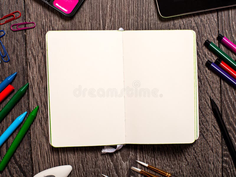 Open Notepad with Blank Pages on Table with Office Tools Stock Photo ...