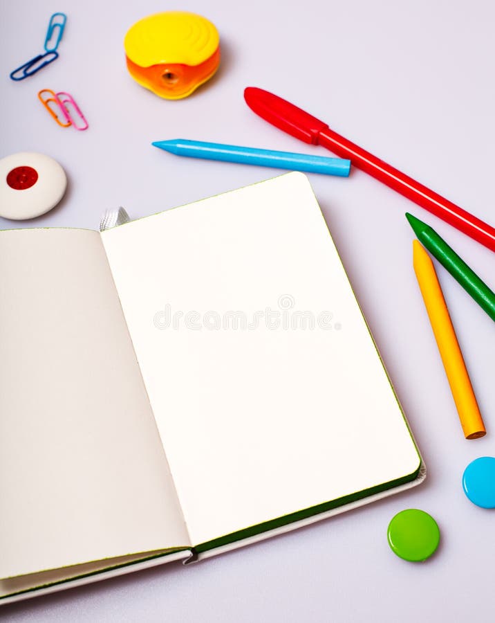 Open Notepad with Blank Pages on Table with Office Tools Stock Image ...