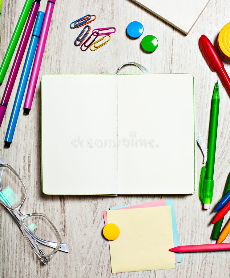 Open Notepad with Blank Pages on Table with Office Tools Stock Image ...