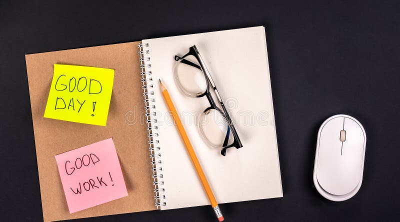 Open Notepad, Computer Mouse, Glasses and Motivational Inscriptions on ...