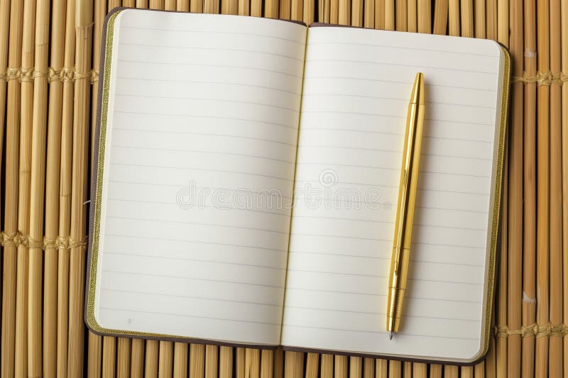 Open Notepad with Gold Pen on Bamboo Table Stock Image - Image of ...