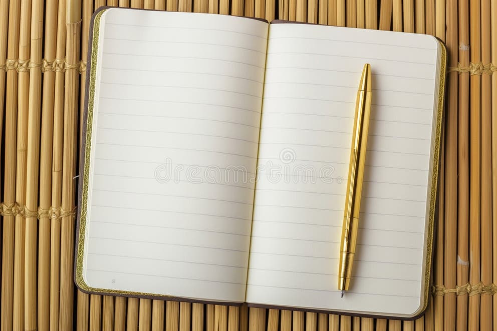 Open Notepad with Gold Pen on Bamboo Table Stock Image - Image of ...