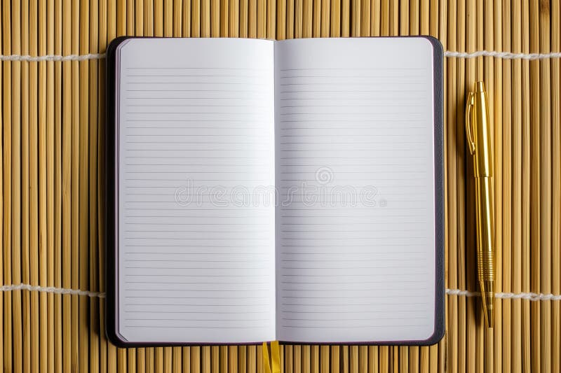 Open Notepad with Gold Pen on Bamboo Table Stock Image - Image of table ...