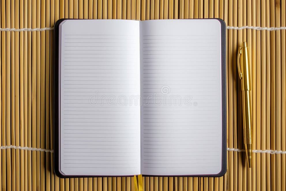 Open Notepad with Gold Pen on Bamboo Table Stock Image - Image of table ...