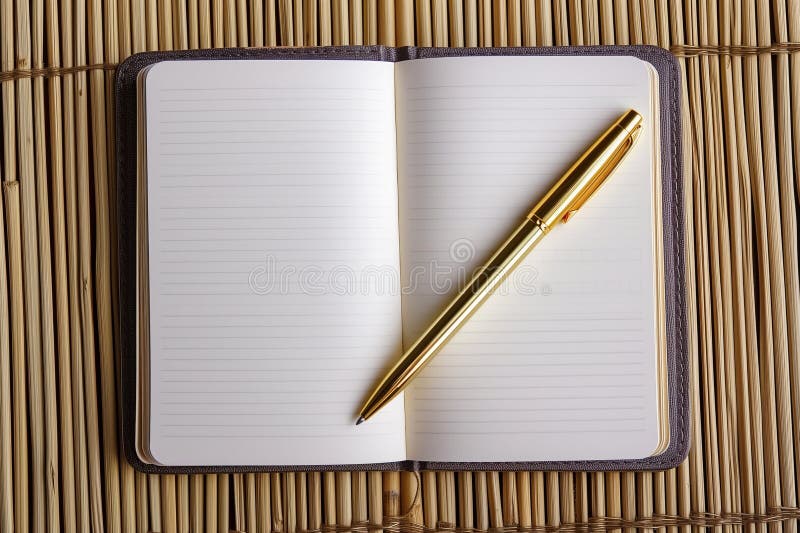 Open Notepad with Gold Pen on Bamboo Table Stock Photo - Image of ...