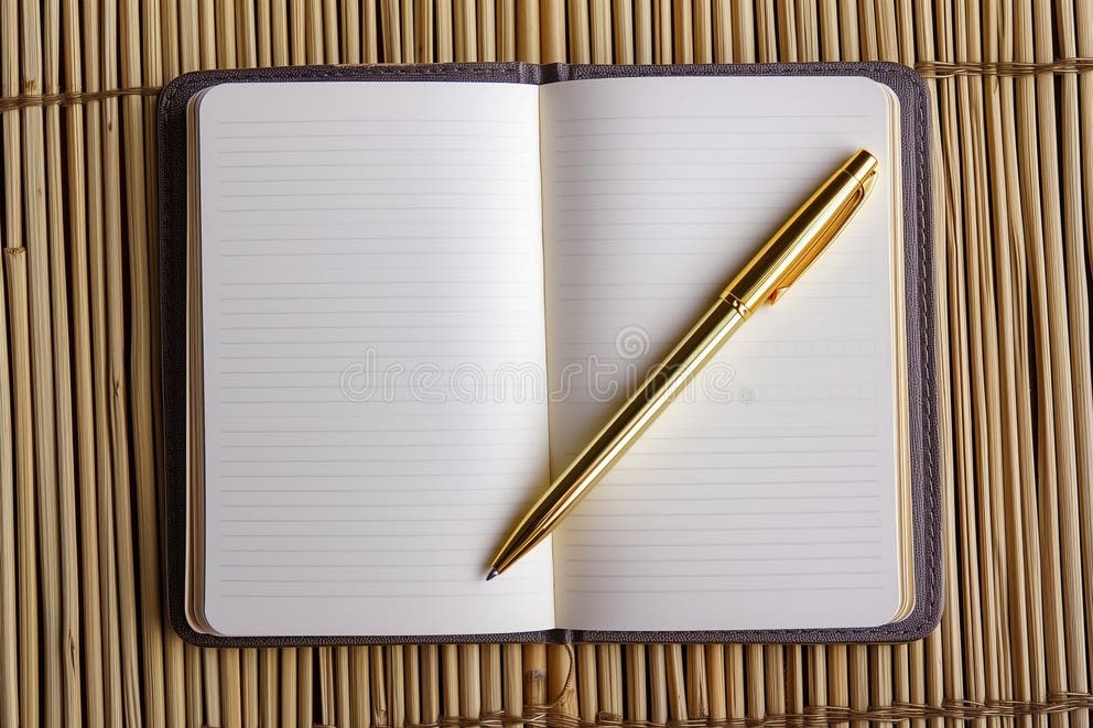 Open Notepad with Gold Pen on Bamboo Table Stock Photo - Image of ...