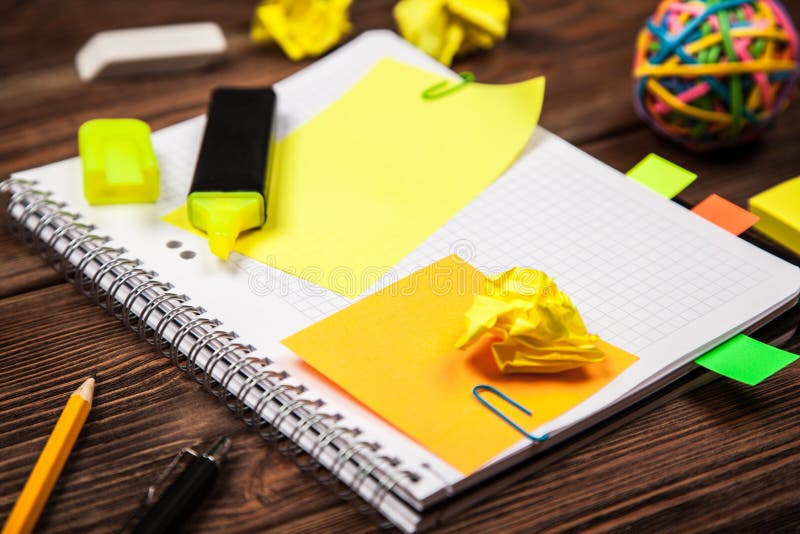 Open Notepad with Office Supplies Stock Photo - Image of clip, notebook ...