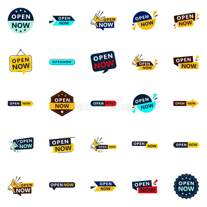 Open Now Banner Pack 25 Different Styles Stock Vector - Illustration of ...