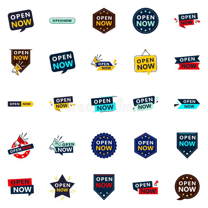 Open Now Banner Pack 25 Different Styles Stock Vector - Illustration of ...