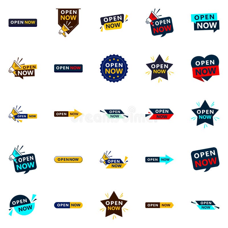 Open Now Banner Pack 25 Unique Styles Stock Vector - Illustration of ...