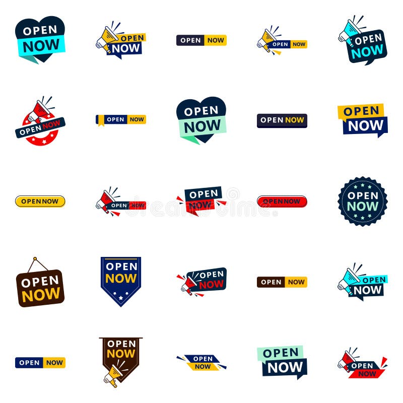 Open Now Banner Pack 25 Unique Styles Stock Vector - Illustration of ...