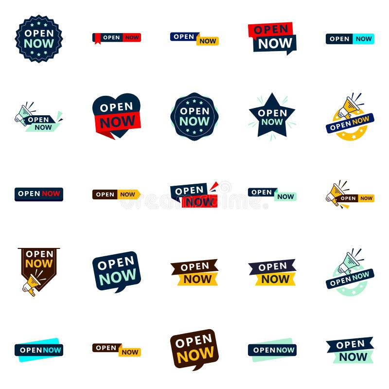 Open Now Banners Pack of 25 Bright and Eyecatching Designs Stock Vector ...