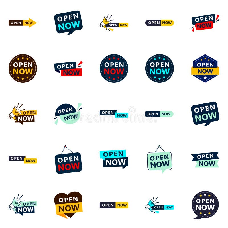 Open Now Collection 25 Different Designs Stock Vector - Illustration of ...