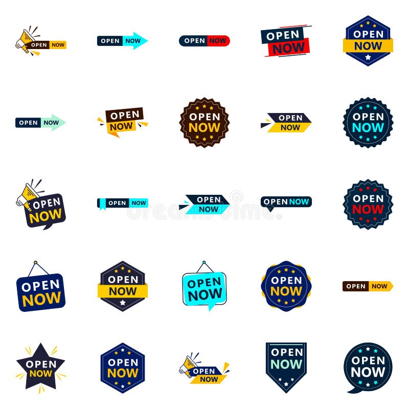 Open Now Graphics Pack 25 Designs Included Stock Vector - Illustration ...
