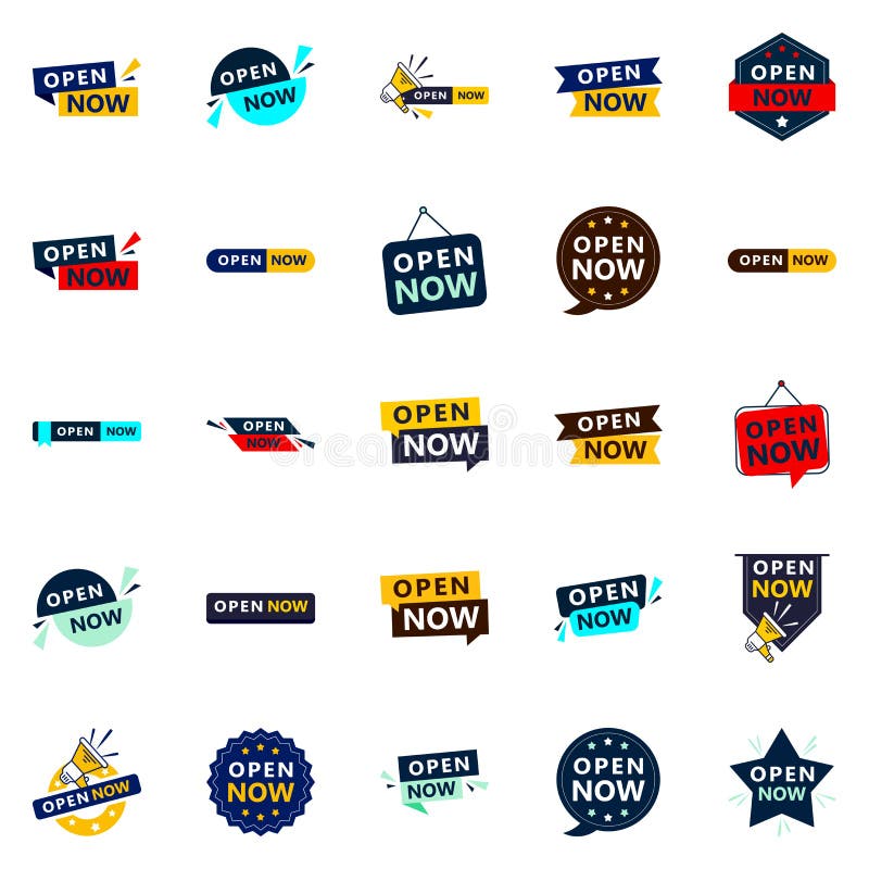 Open Now Graphics Pack with 25 Different Design Elements Stock Vector ...