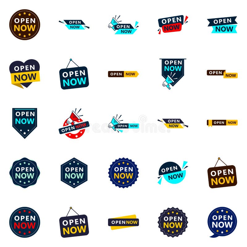 Open Now Graphics Pack with 25 Different Design Elements Stock Vector ...