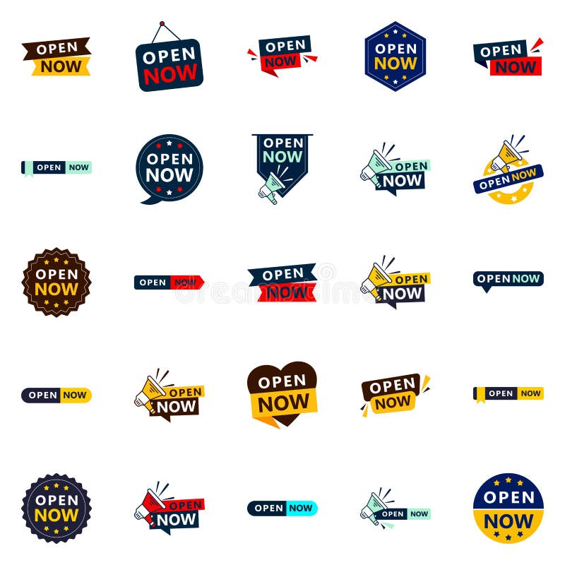 Open Now Pack 25 Different Design Variations Stock Vector ...
