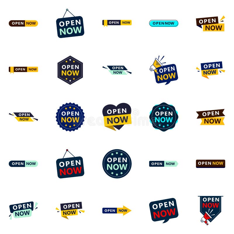Open Now Pack 25 Estilos Diferentes Para Elegir Ilustración del Vector ...