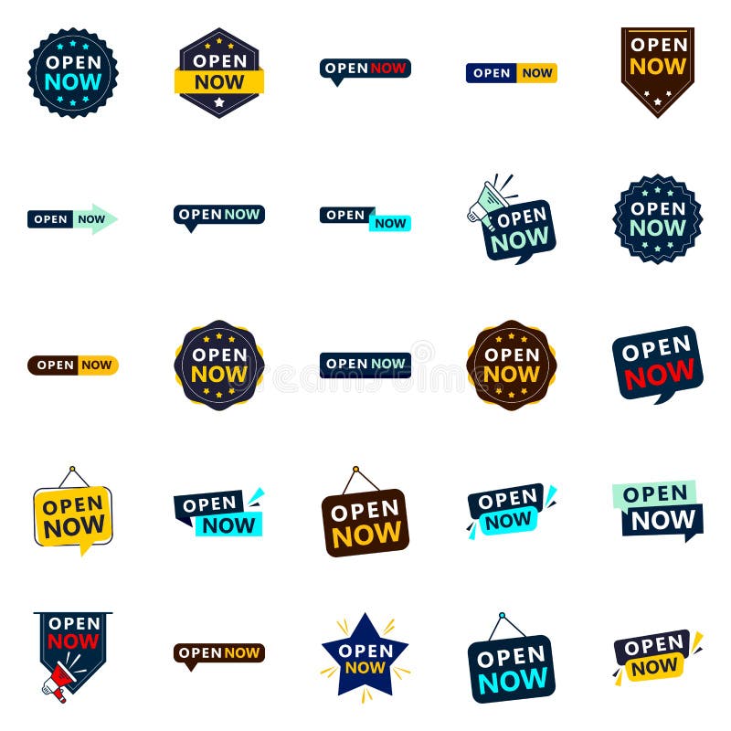 Open Now Set 25 Different Design Choices Stock Vector - Illustration of ...