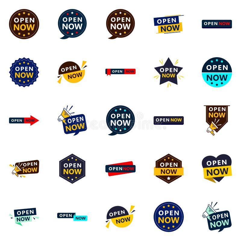 Open Now Sign Pack 25 Editable Designs Stock Vector - Illustration of ...