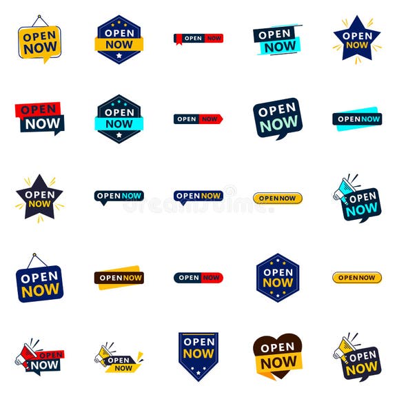 Open Now Sign Pack 25 Editable Designs Stock Vector - Illustration of ...
