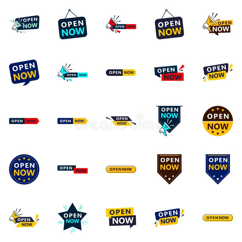 Open Now Sign Pack 25 Editable Designs Stock Vector - Illustration of ...