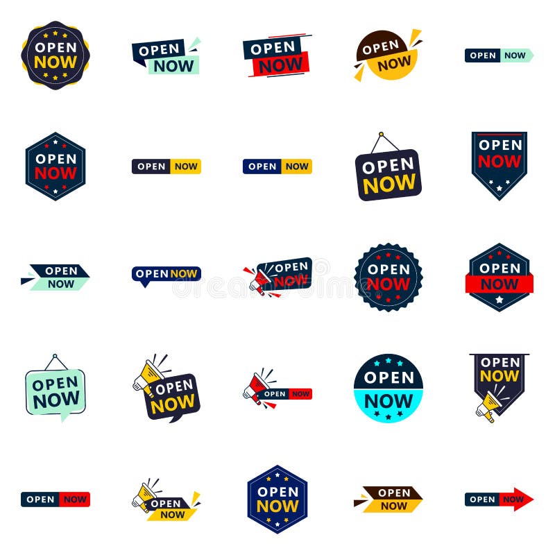 Open Now Sign Pack 25 Vibrant Vector Templates Stock Vector ...