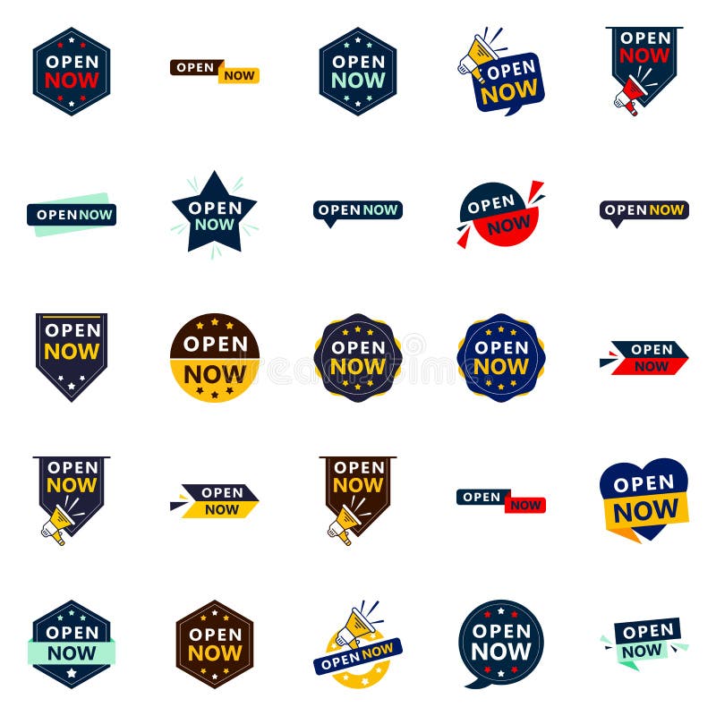 Open Now Sign Pack 25 Vibrant Vector Templates Stock Vector ...