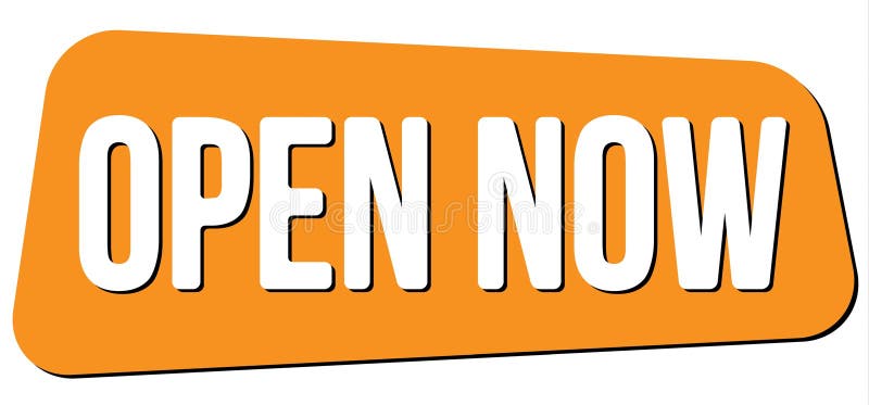 OPEN NOW Text on Orange Trapeze Stamp Sign Stock Illustration ...