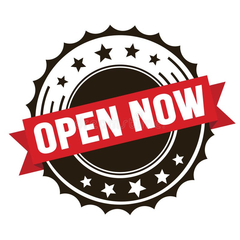OPEN NOW Text on Red Brown Ribbon Stamp Stock Illustration ...