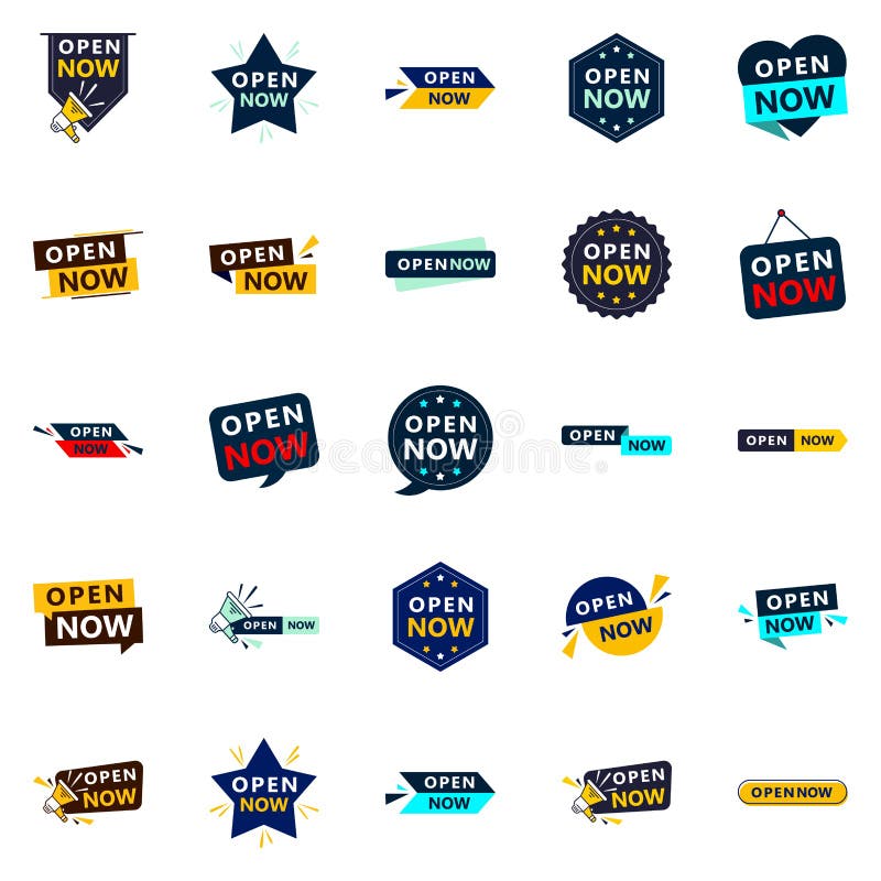 Open Now Vector Pack 25 Different Designs Stock Vector - Illustration ...