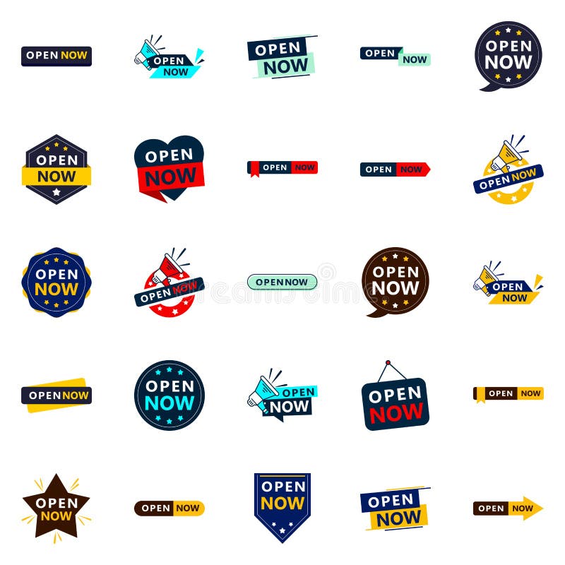 Open Now Vector Pack 25 Different Designs Stock Vector - Illustration ...