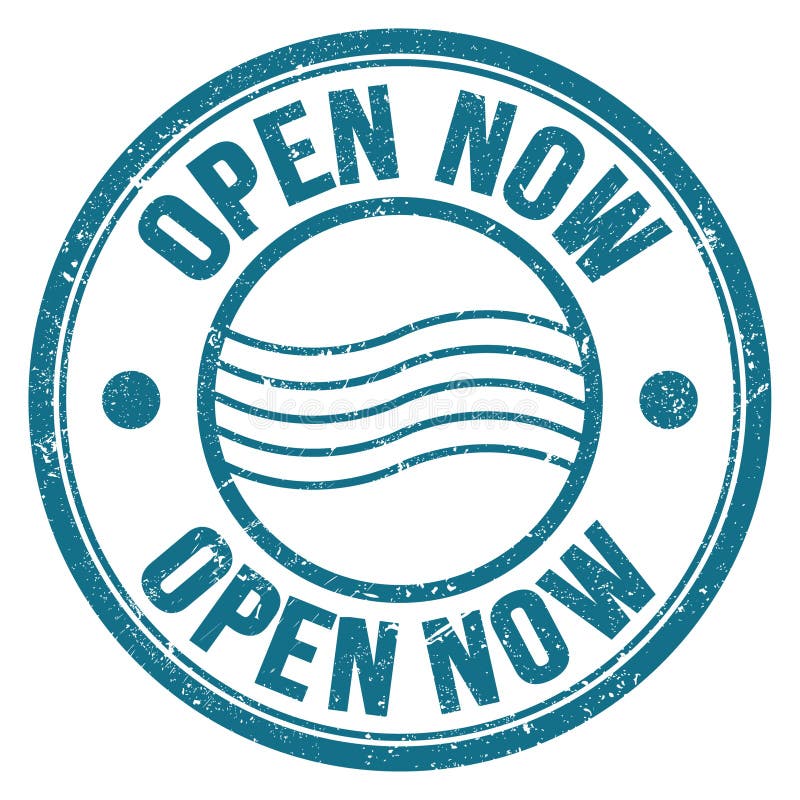 OPEN NOW Text Written on Blue Round Postal Stamp Sign Stock ...