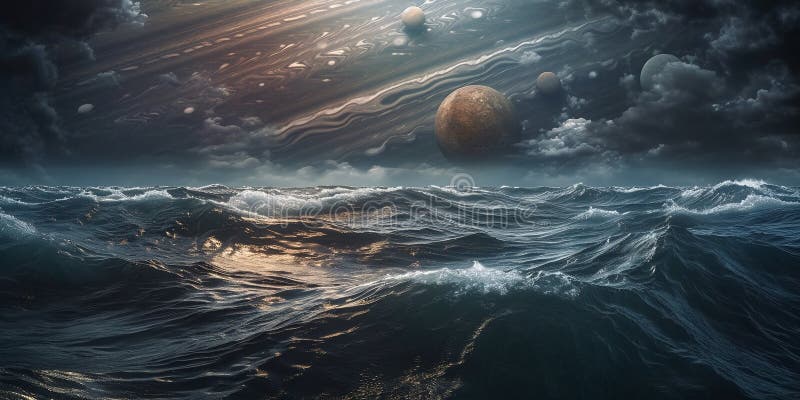 Open Ocean Space with Raging Waves on an Unknown Planet Overlooking a ...