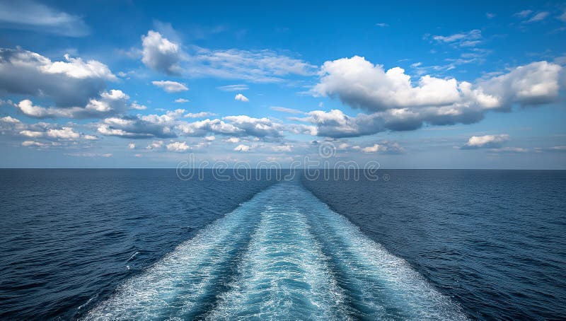 Open Ocean View with Clear Blue Skies and a Long Water Trail Behind ...