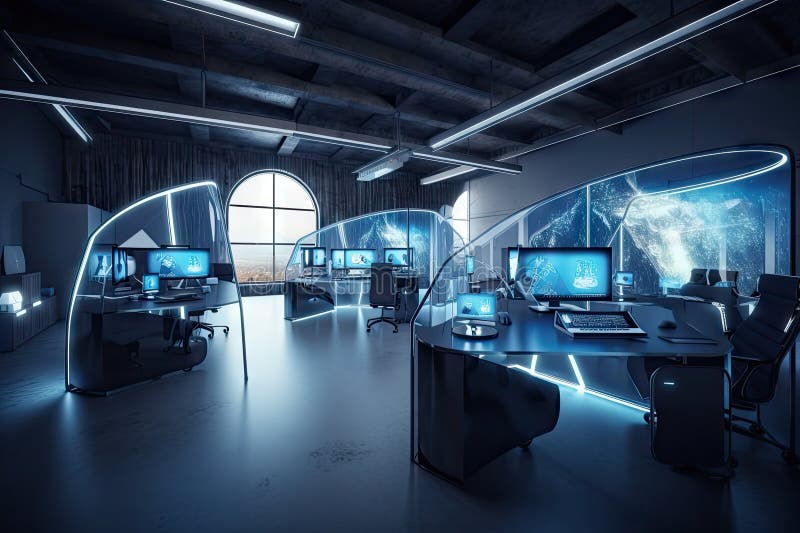 Open Office with Holographic Projectors and Virtual Reality Headsets ...