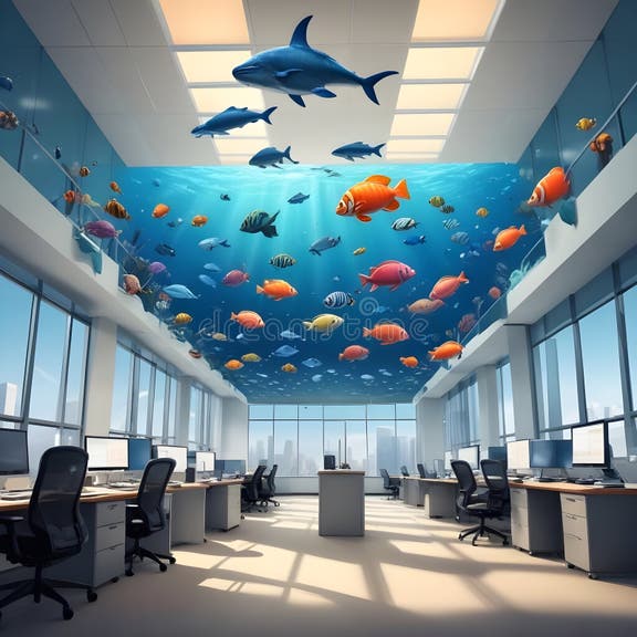 Open Office Interior with Desks, Computers, and Large Windows. the ...