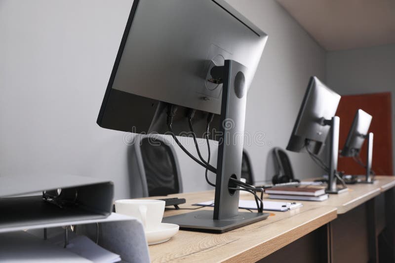 Open Office Interior. Modern Workplaces with Computers Near Light Grey ...