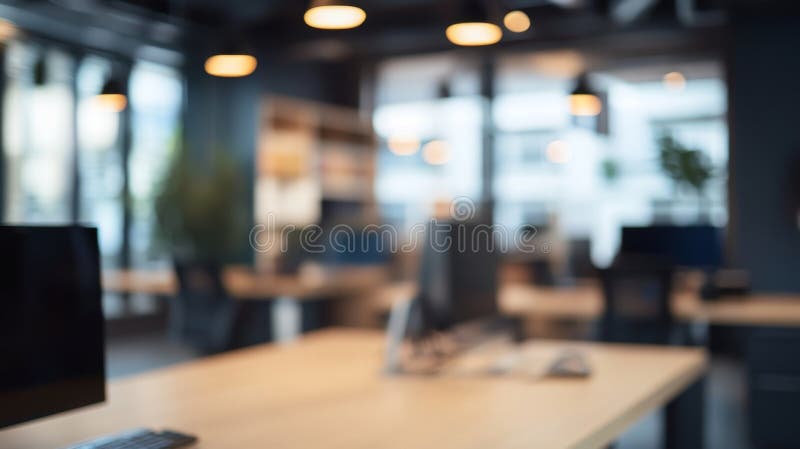 Modern Corporate Workspace with Blurred Background Showcasing Desks and ...