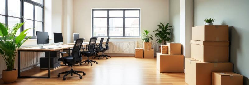 An Open Office Setup Featuring Empty Desks and Chairs with Stacked ...