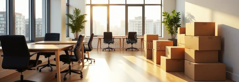 An Open Office Setup Featuring Empty Desks and Chairs with Stacked ...