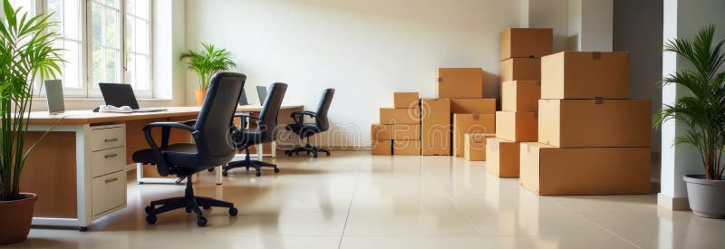 An Open Office Setup Featuring Empty Desks and Chairs with Stacked ...
