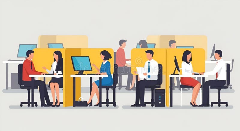 Open Office Space with Employees in Cubicles Vector Illustration Stock Illustration ...