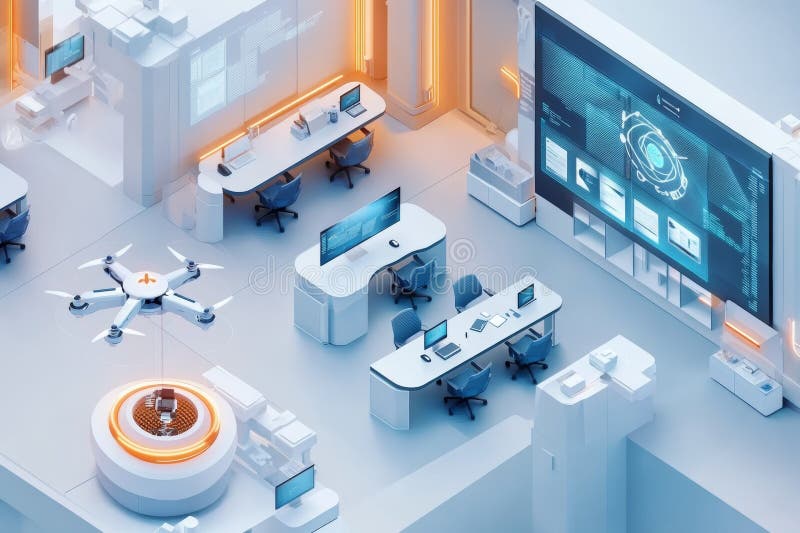 Open Office Space Modular Furniture Document Delivery Drones Digital ...