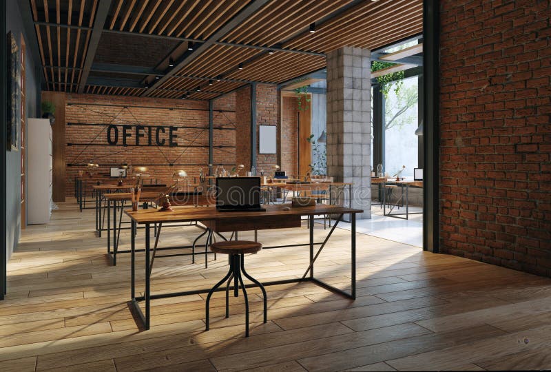 Open Office Space with Wooden Floors and Brick Walls Stock Illustration ...